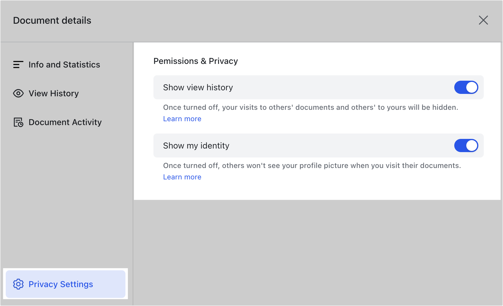 Check document information and configure privacy settings