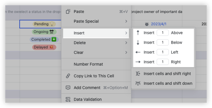 Insert rows, columns, and cells, and adjust row height/column width in Sheets