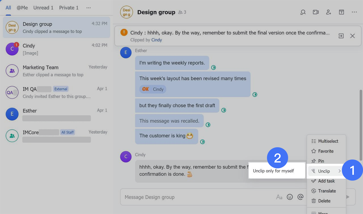 Clip important messages to top in chats