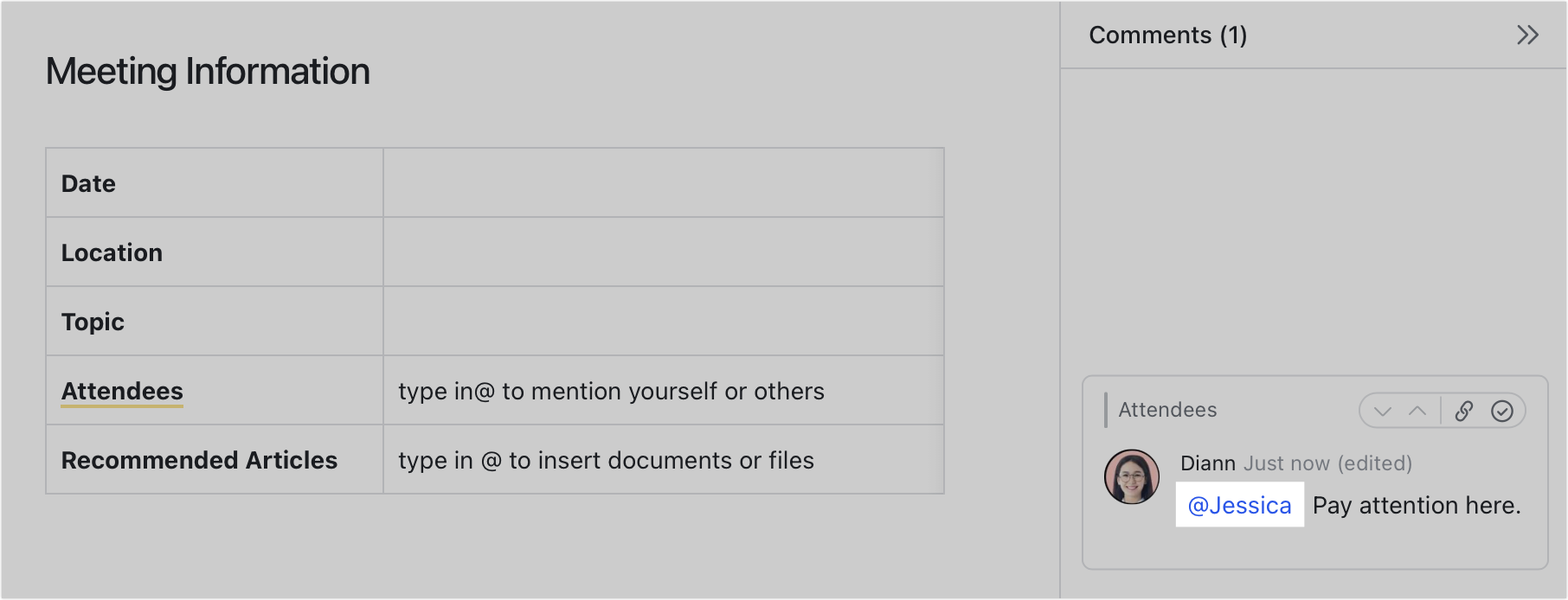 Comment, @mention, and like in Docs