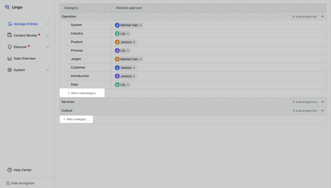 Create and edit Lingo entry categories