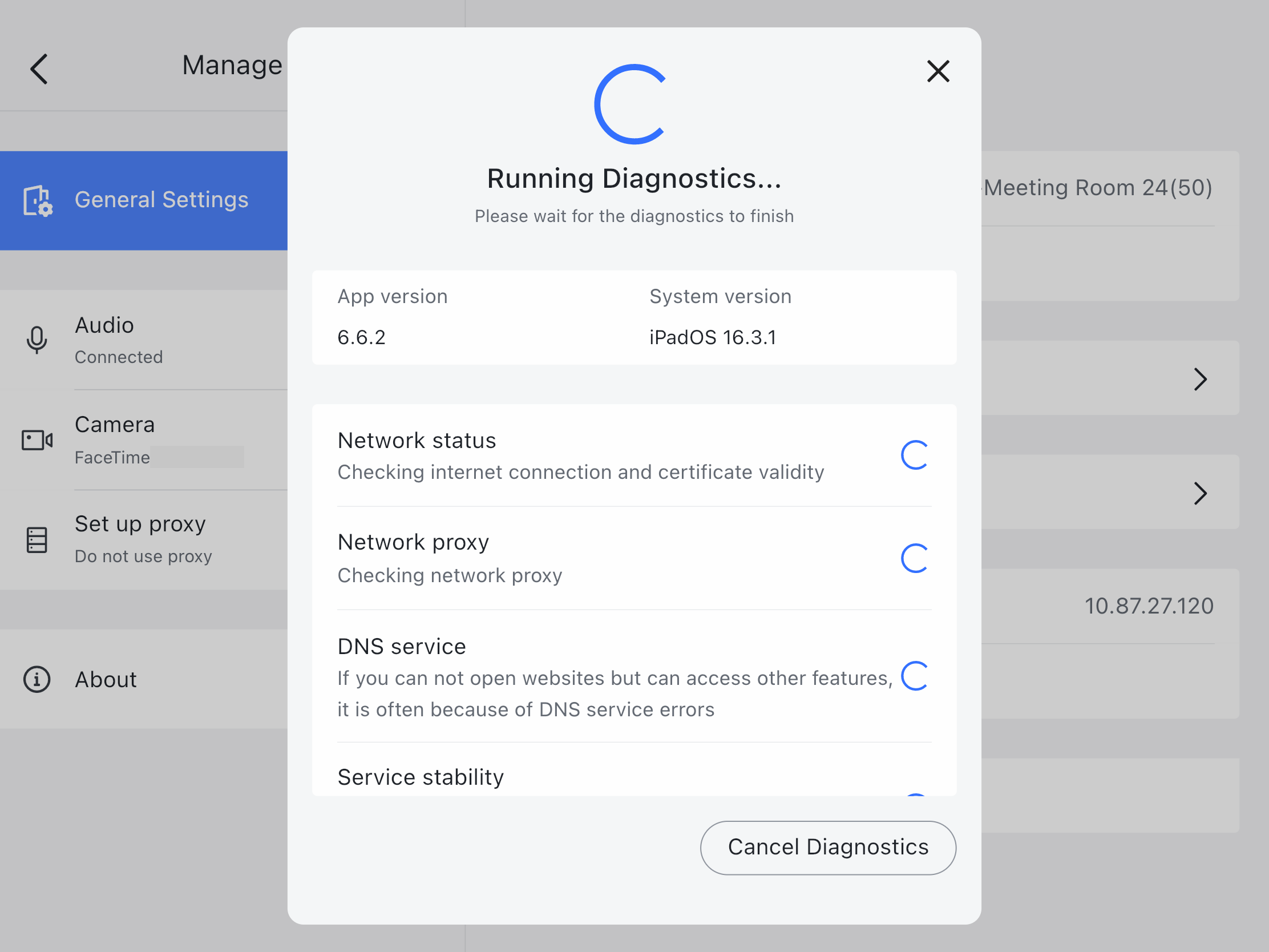Run network diagnostics on a Feishu Rooms controller or Feishu Rooms Display