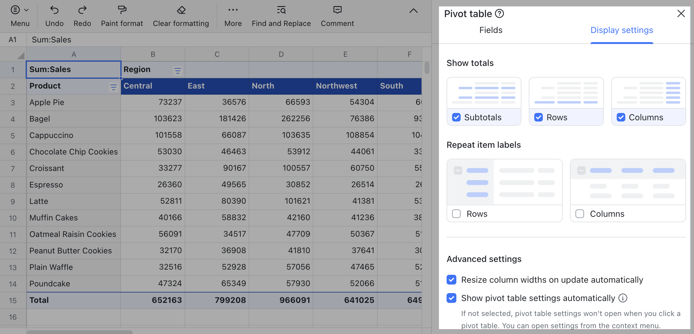 Change the display settings of pivot tables