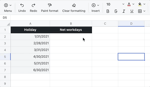 NETWORKDAYS function for Sheets