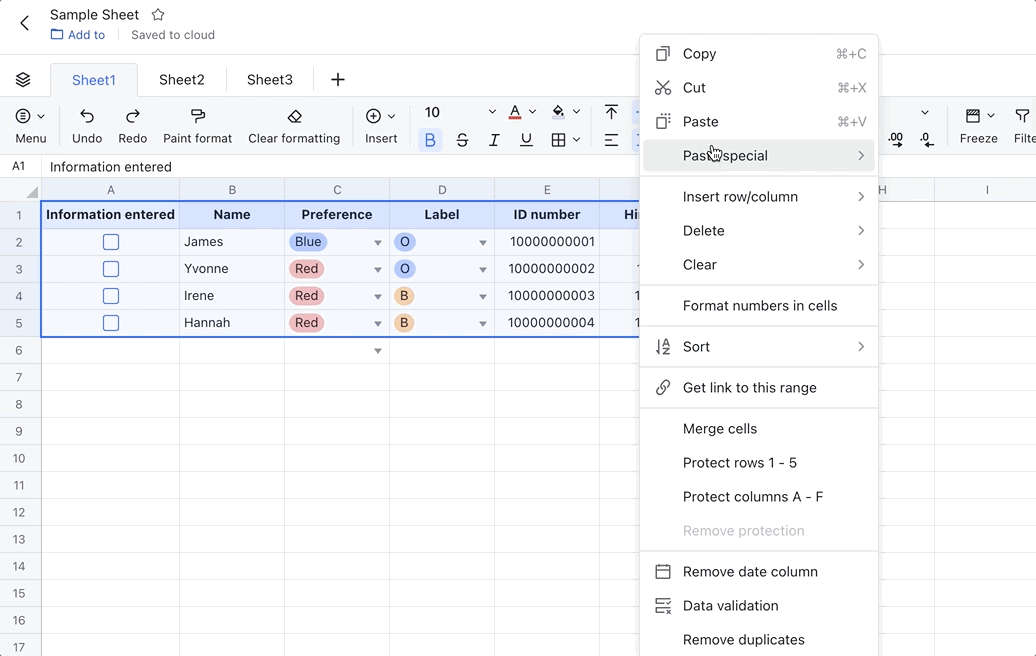 Use Paste Special in Sheets