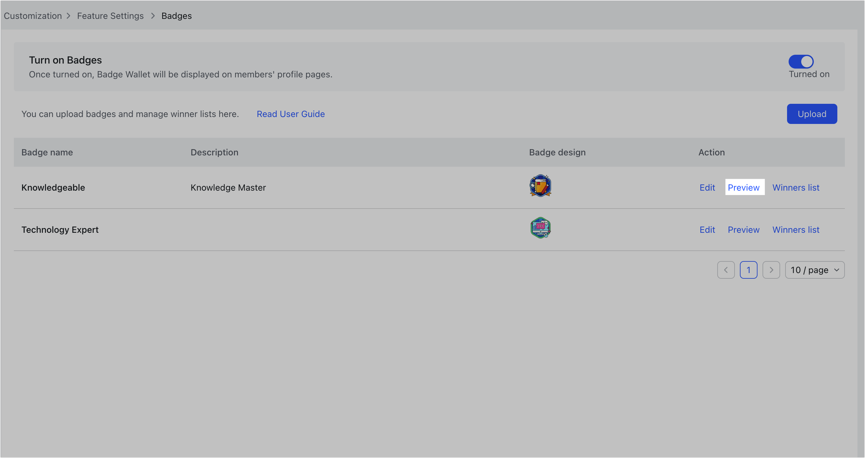 Admin | Upload and manage badges