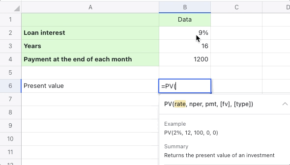 PV function for Sheets