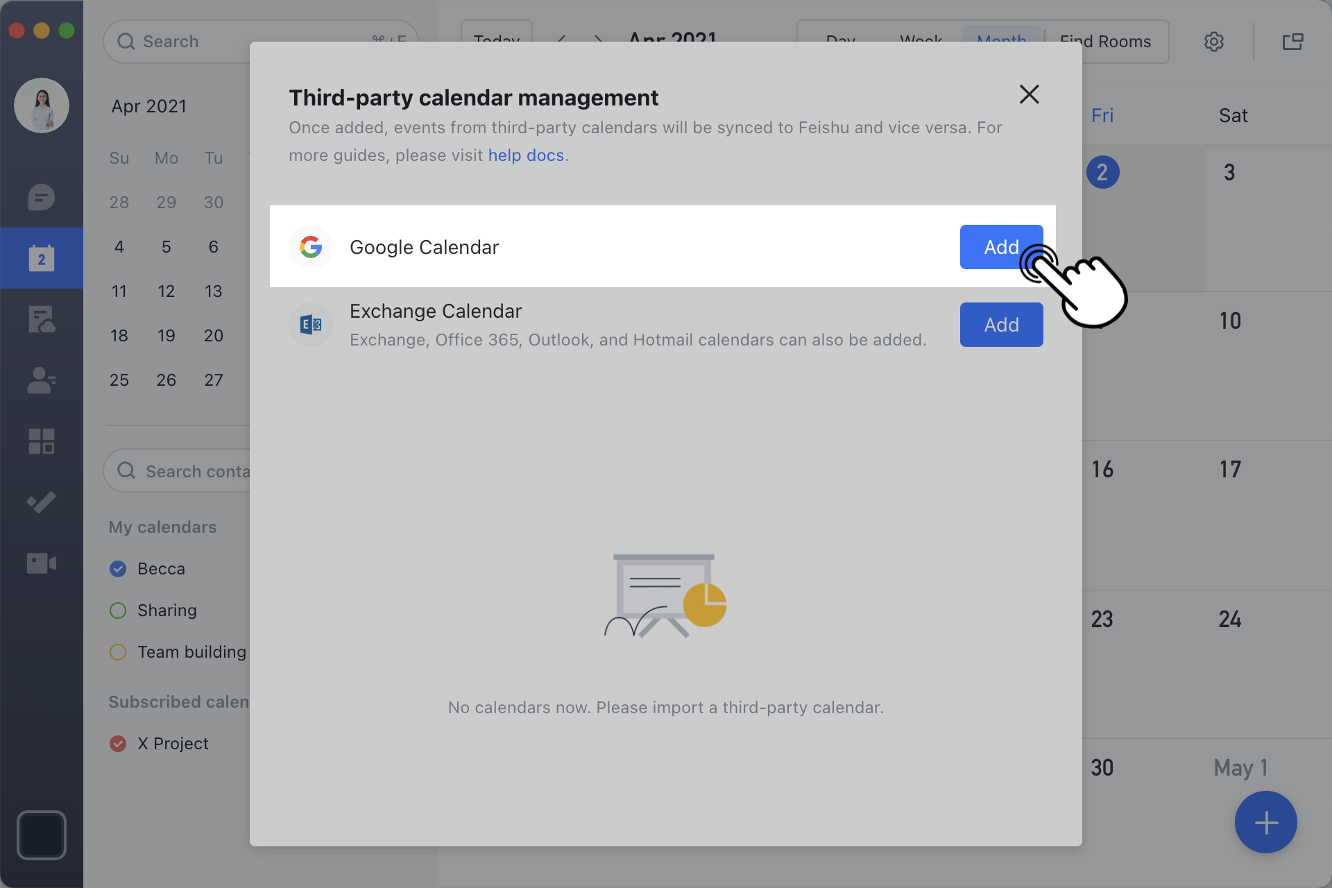 Perform a one-way sync from Google Calendar to Feishu Calendar