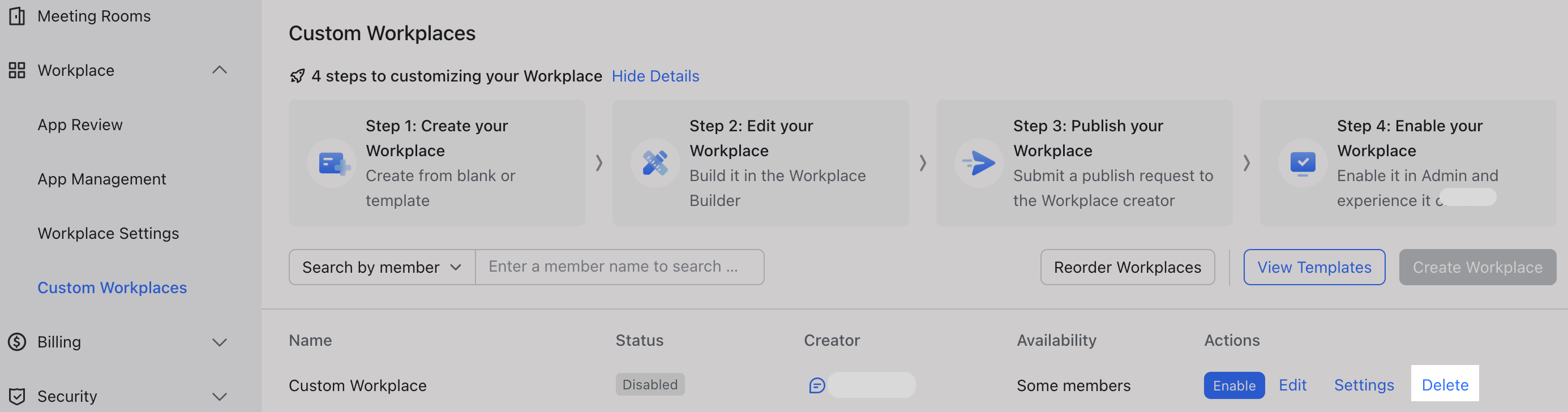 Publish and enable a Custom Workplace