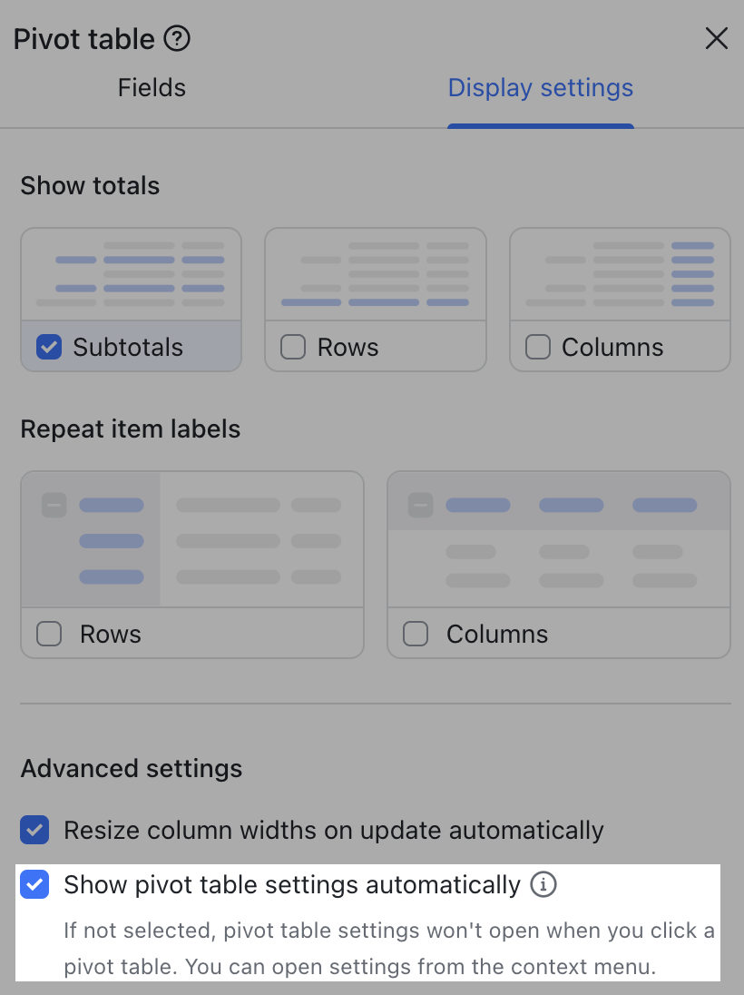 Change the display settings of pivot tables