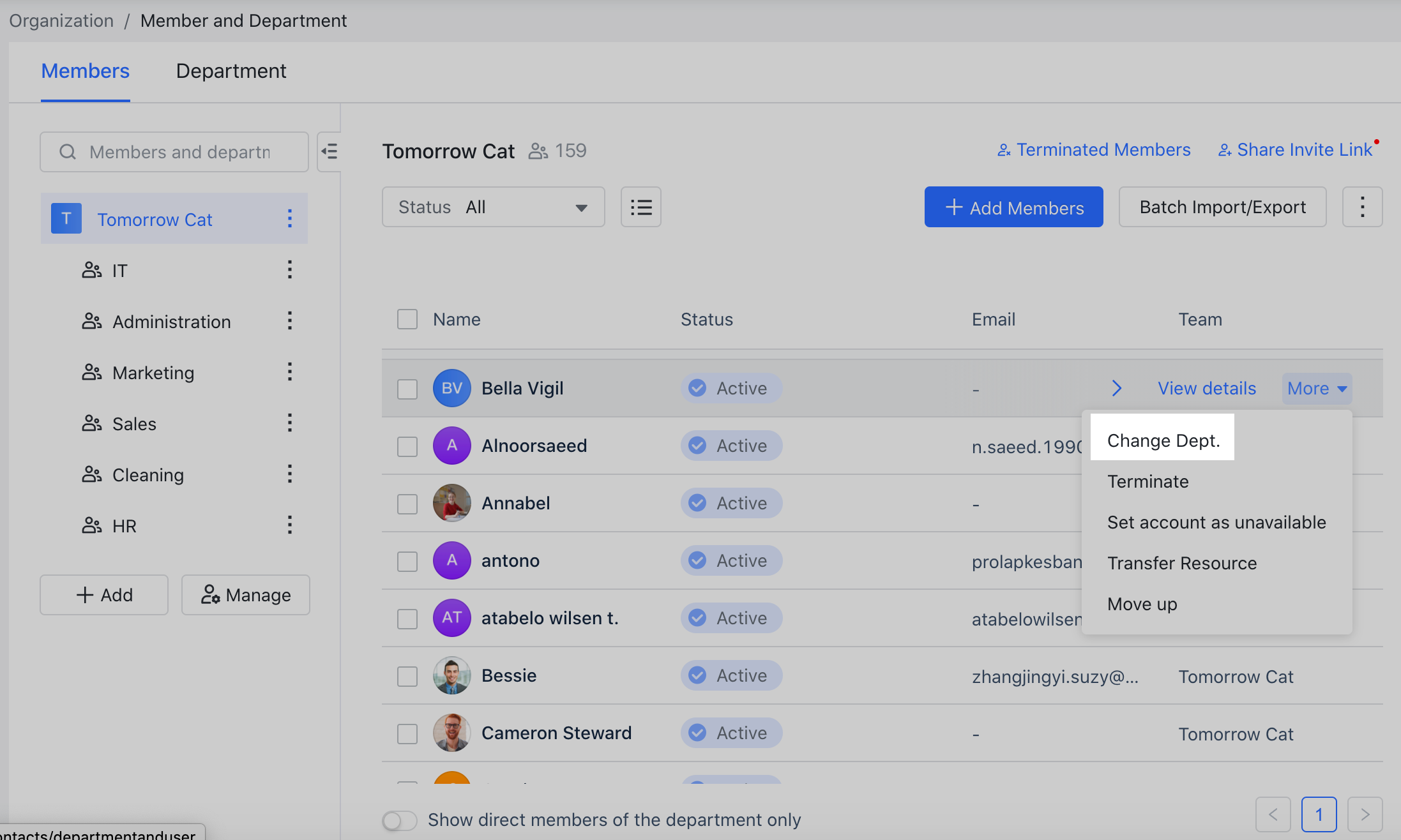 How can administrators transfer or delete members?