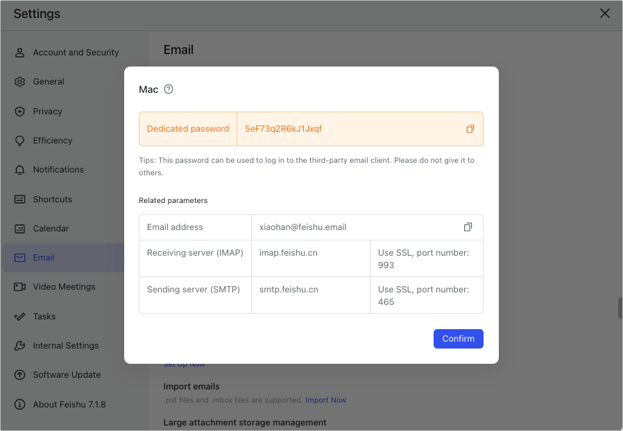 Log in to Feishu Mail through a third-party email client