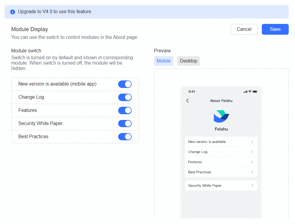 Admin | Configure the In-App About Page modules for the desktop app
