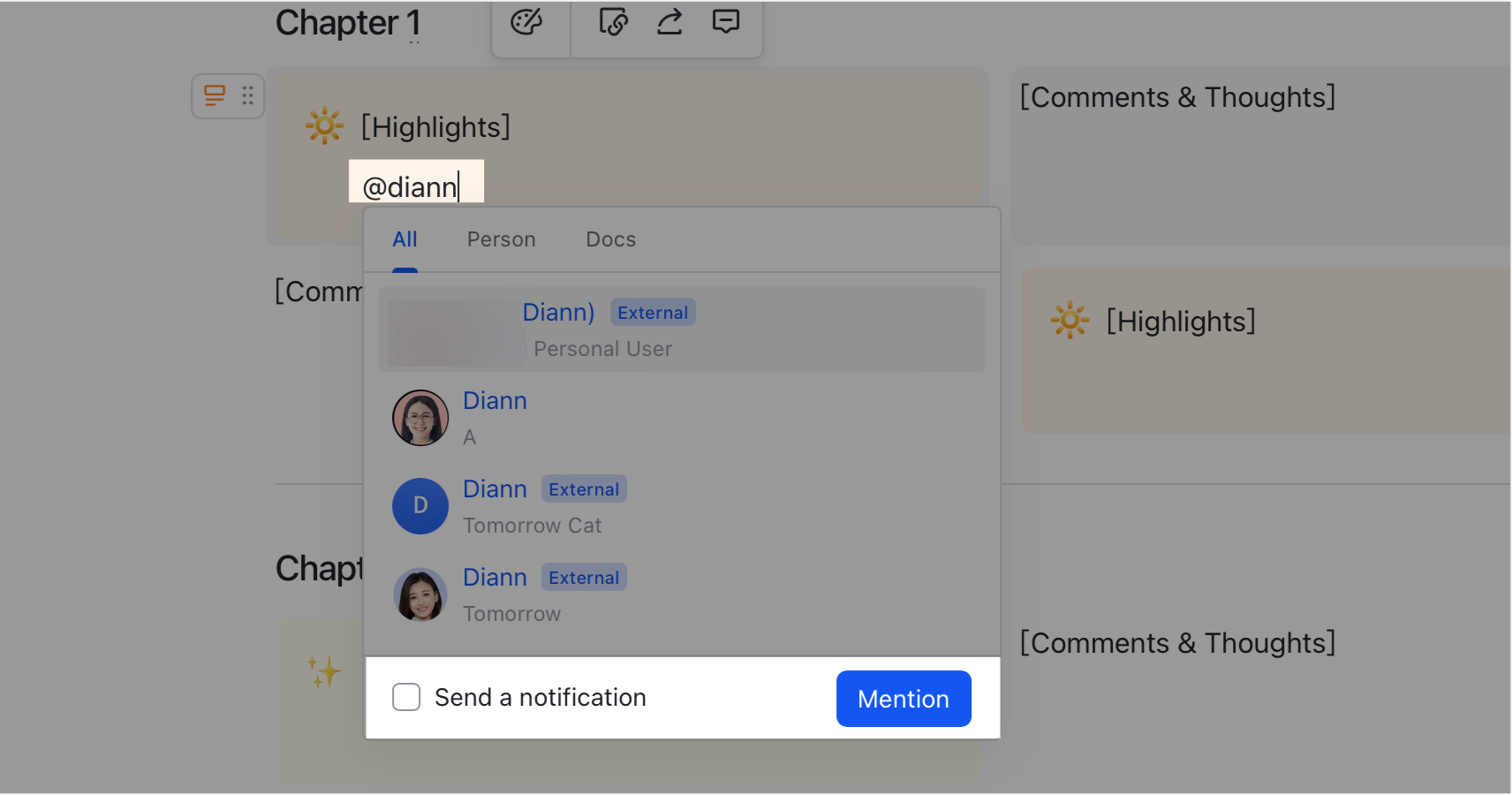 Comment, @mention, and like in Docs