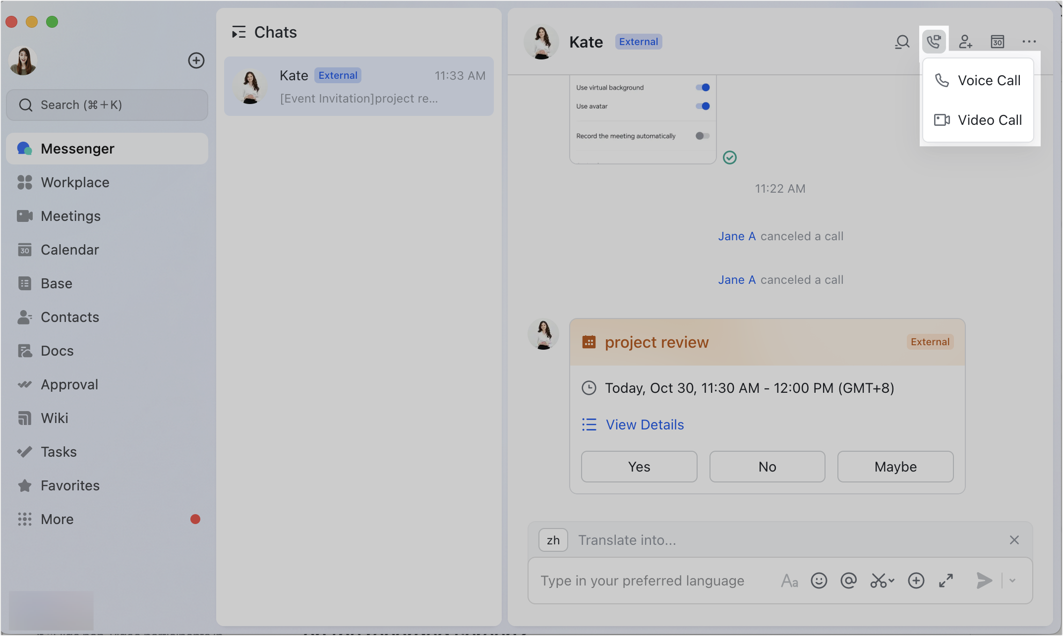 Start a call or video meeting