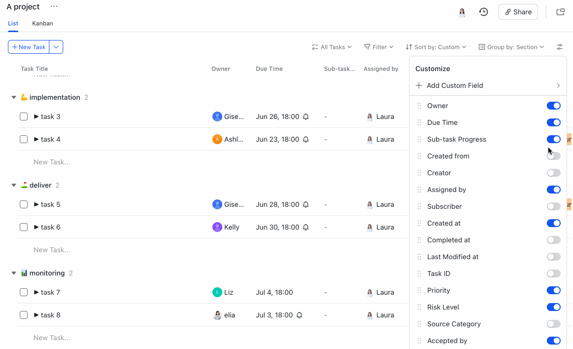 Add custom fields in Task List