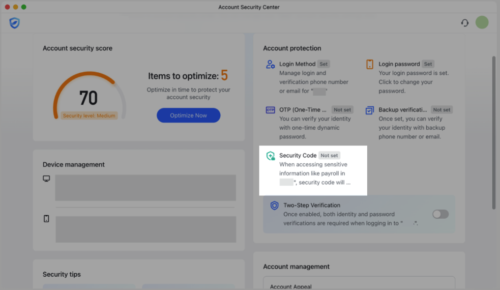 Set or change security code