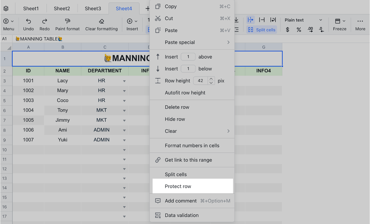 Protect sheets and set protection range