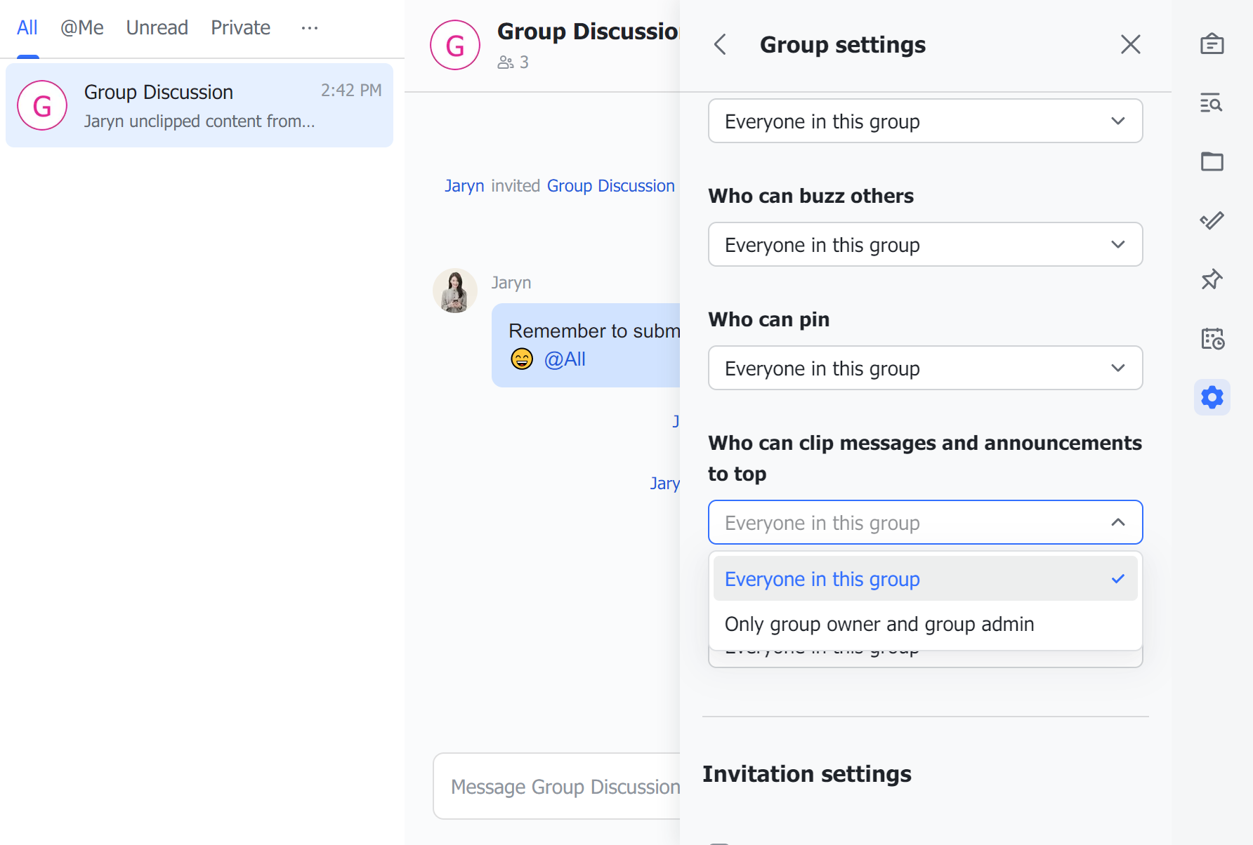 Clip important messages to top in chats