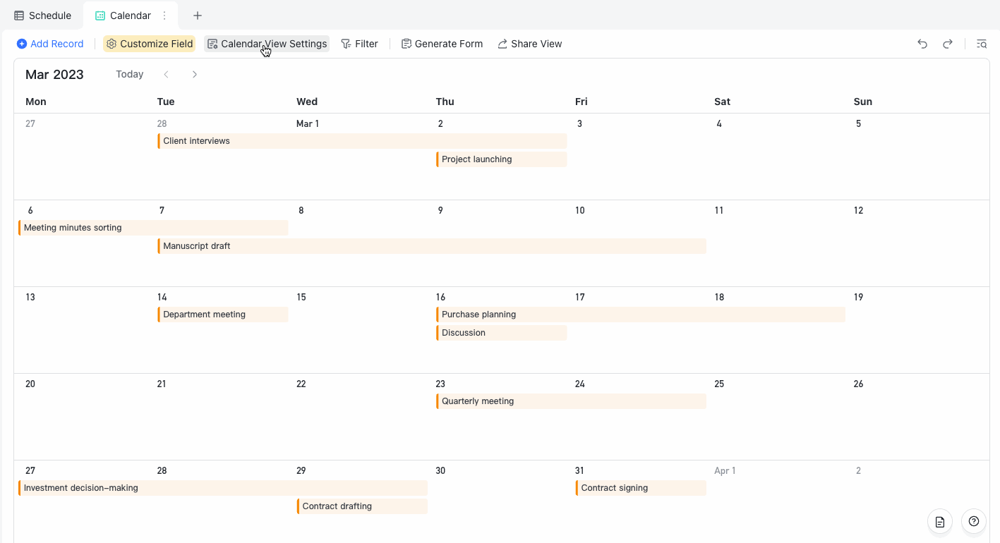 Use calendar views in Base