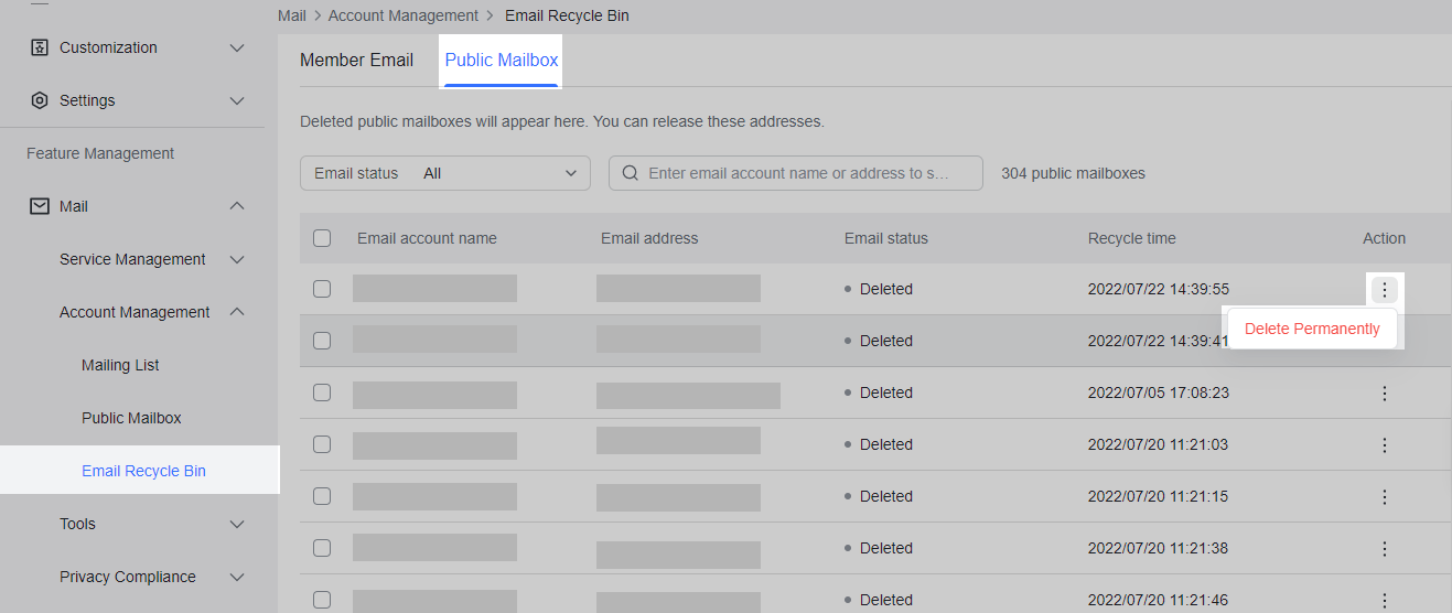Admin | Delete a public mailbox