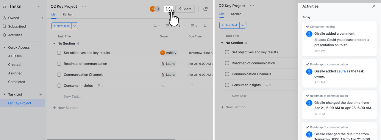 View task activity history