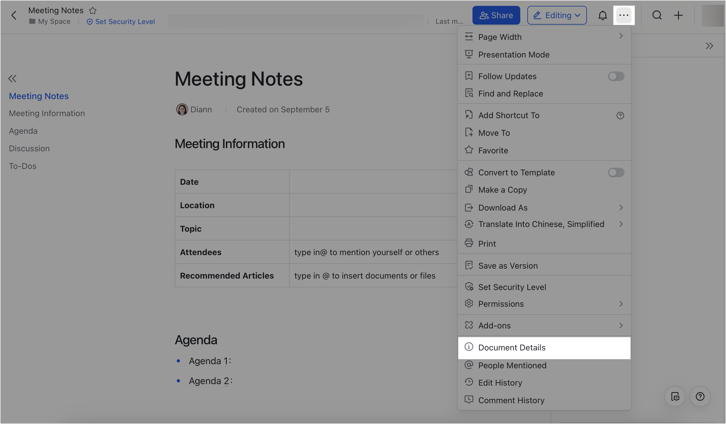 Check document information and configure privacy settings